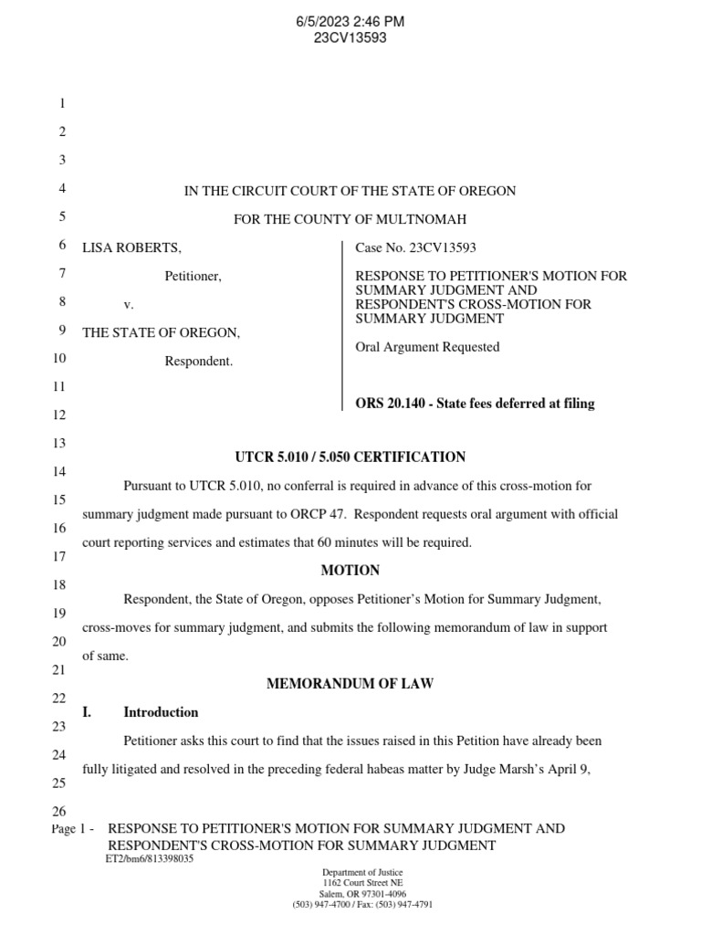 DOJ Response To LR MSJ | PDF | Burden Of Proof (Law) | Actual Innocence