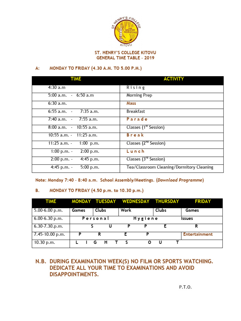 General Daily Timetable 2019 | PDF | Lunch