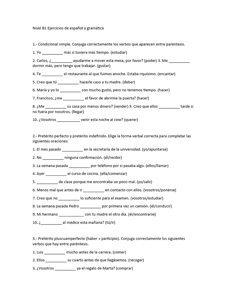Nivel B1 Ejercicios de español y gramática | PDF | Verbo