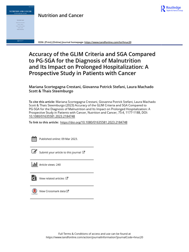 Accuracy of The GLIM Criteria and SGA Compared To PG-SGA For The ...
