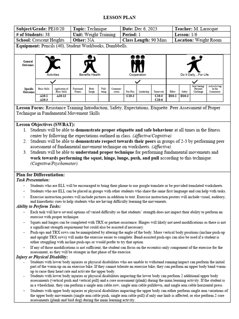 Weight Training Lesson Plan 1 | PDF | Weight Training | Human Anatomy
