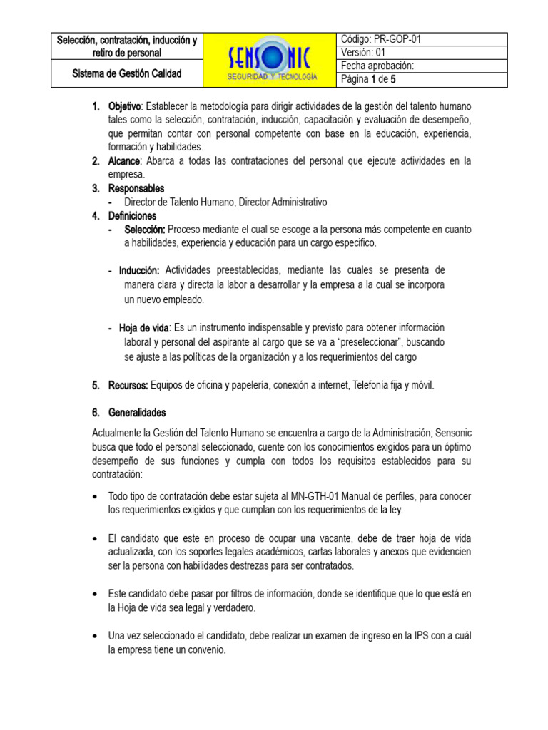 PR-GTH-01 Selección, Contratación, Inducción y Retiro de Personal | PDF
