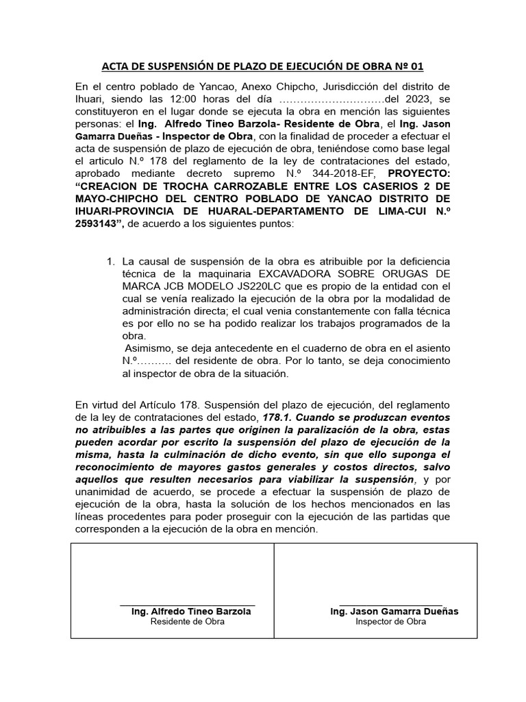 Acta de Suspensión de Plazo de Ejecución de Obra - Rev01 | PDF | Gobierno | Justicia