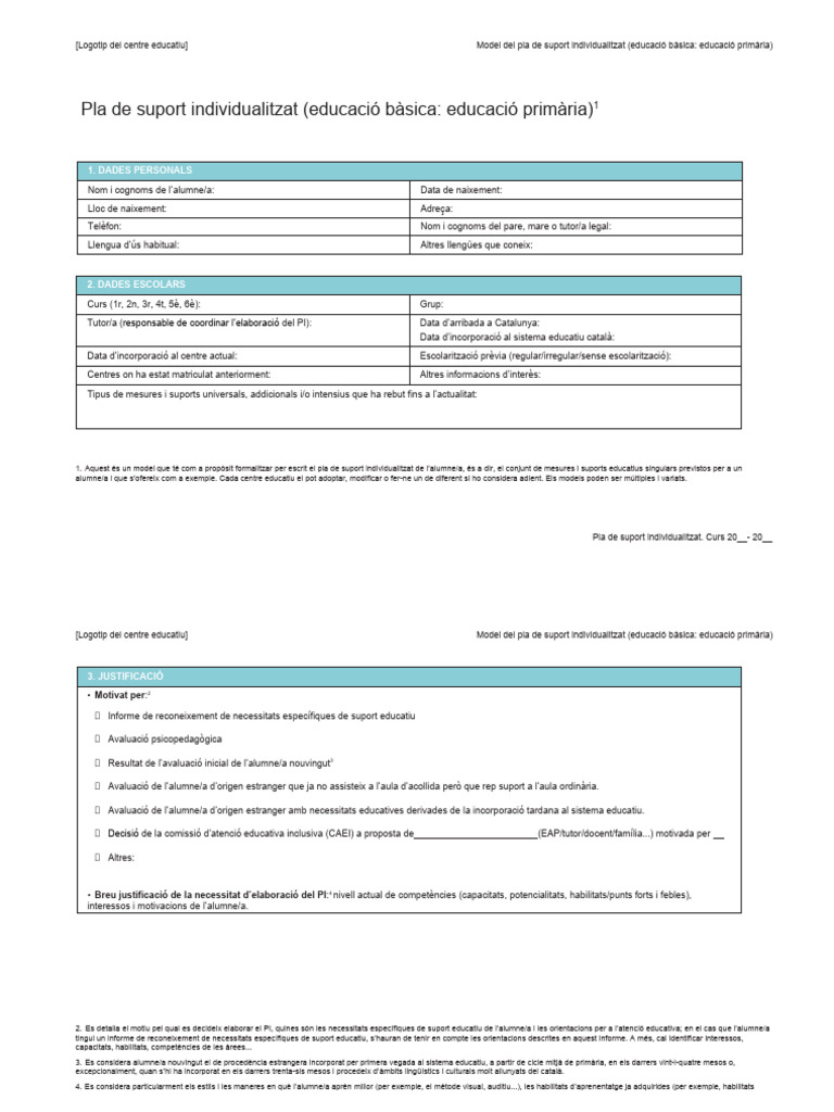 PRIM - Pla de Suport Individualitzat - Models - PRIMÀRIA | PDF