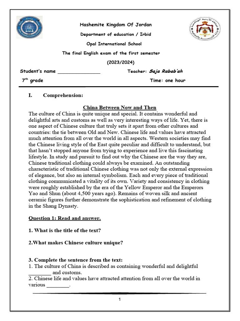 7th Grade Final Exam 1st Semester | Download Free PDF | Chinese Culture ...