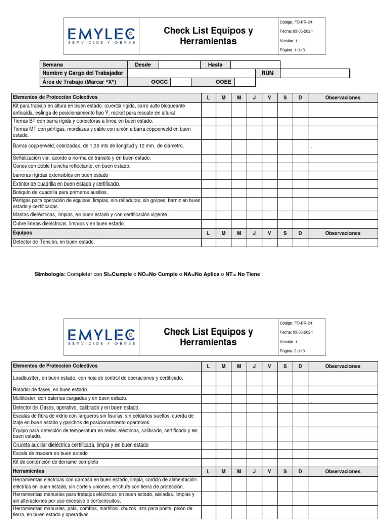 FO-PR-24 Check List Equipos y Herramientas.ver1 | PDF | Herramientas ...