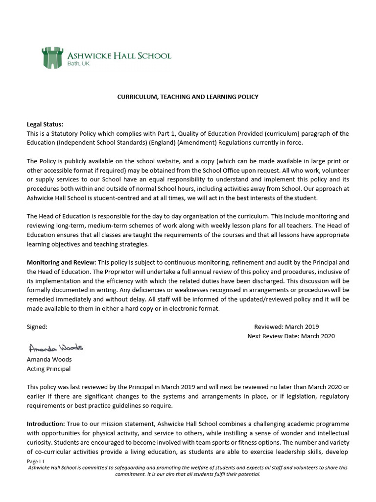 Curriculum Teaching and Learning Policy | PDF | Teachers | Educational ...