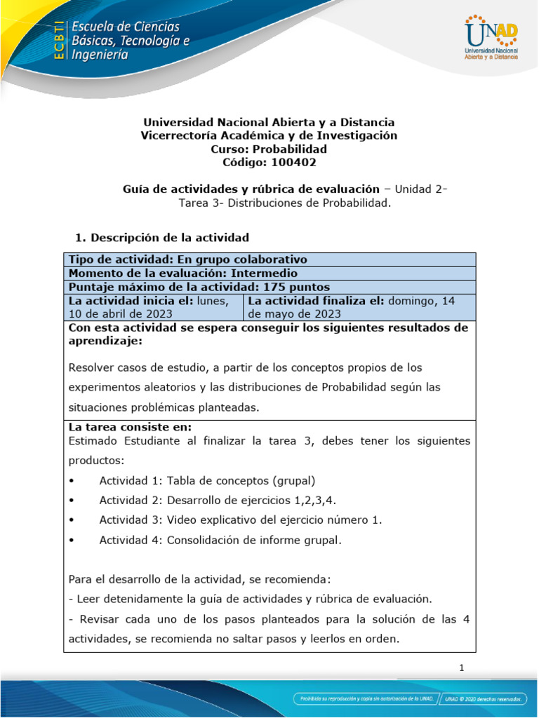 Guía de actividades y Rúbrica de evaluación - Unidad 2 - Tarea 3 - Distribuciones de ...