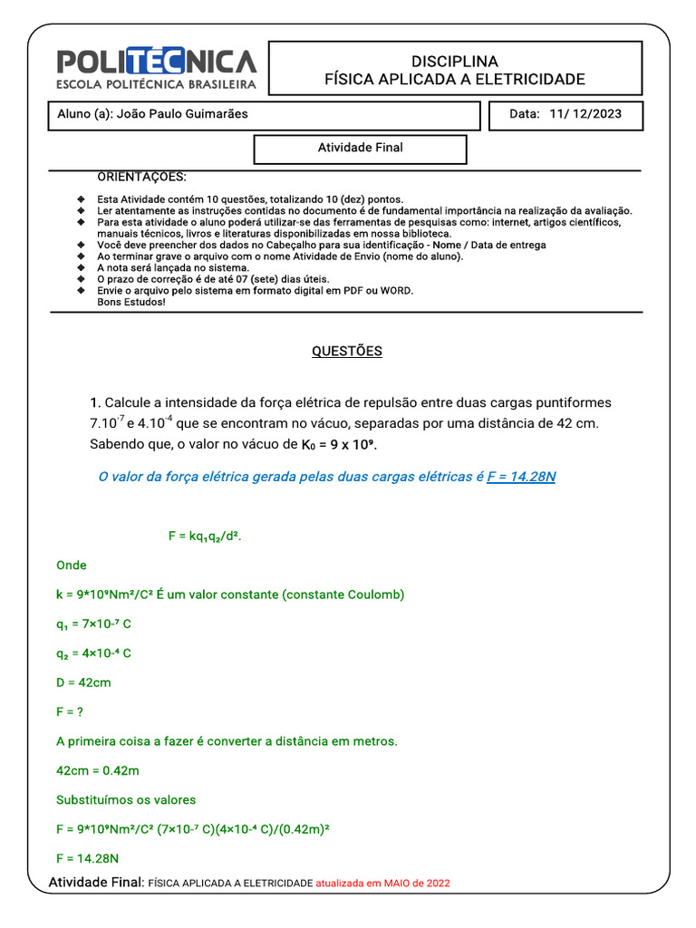 Atividade Final - Física Aplicada | PDF
