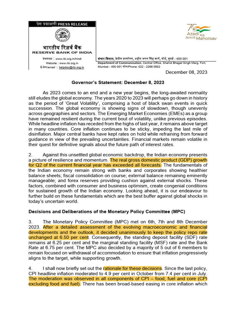 RBI Governor Statement 1702090413 | PDF | Inflation | Monetary Policy