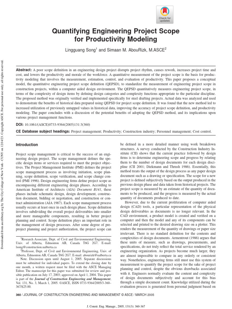 Abourizk Song 2005 Quantifying Engineering Project Scope For Productivity Modeling | PDF ...