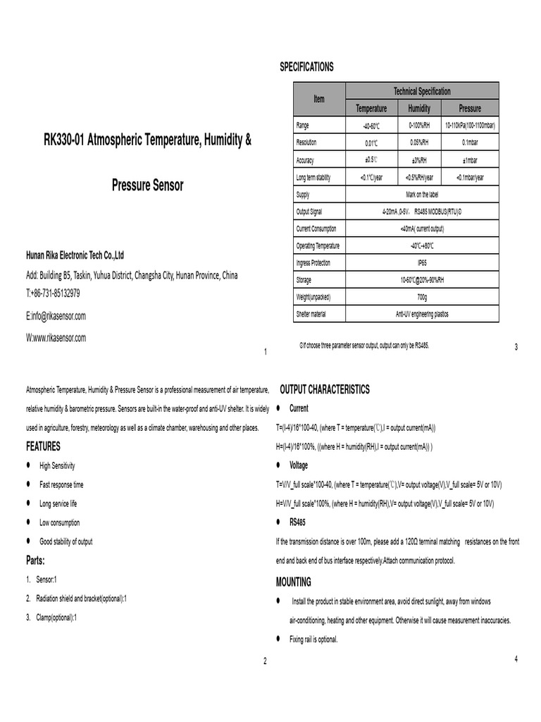 RK330-01 Atmospheric Temperature, Humidity & Pressure Sensor | PDF ...