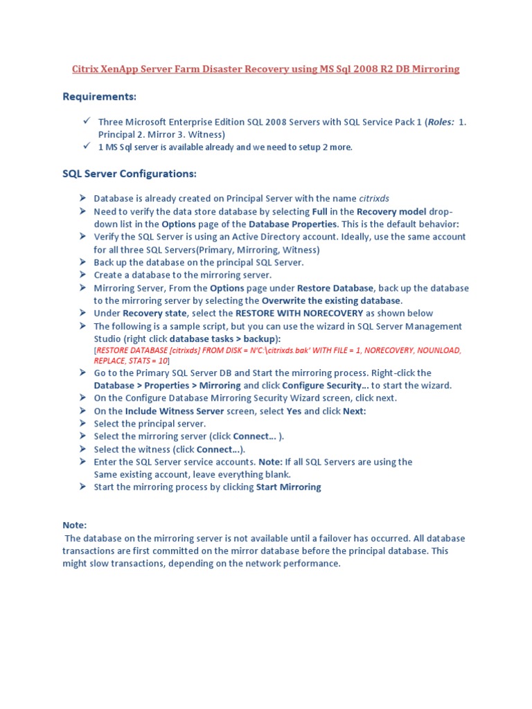 Citrix XenApp Server Farm Disaster Recovery Using MS SQL 2008 R2 DB ...