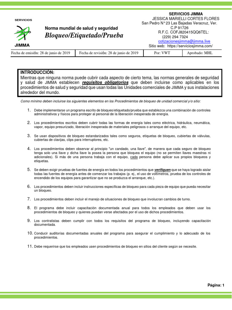 GSHS 001 LOTO Rev D (Bloqueo Etiquetado Prueba) Esp | PDF