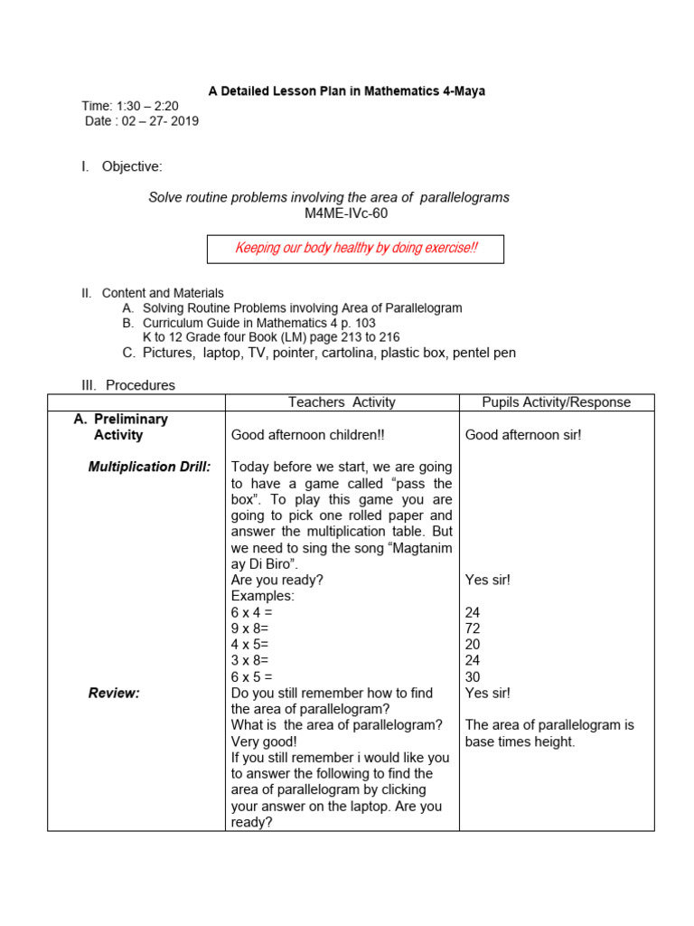 A Detailed Lesson Plan in Mathematics 4 ..... | PDF | Area | Lesson Plan