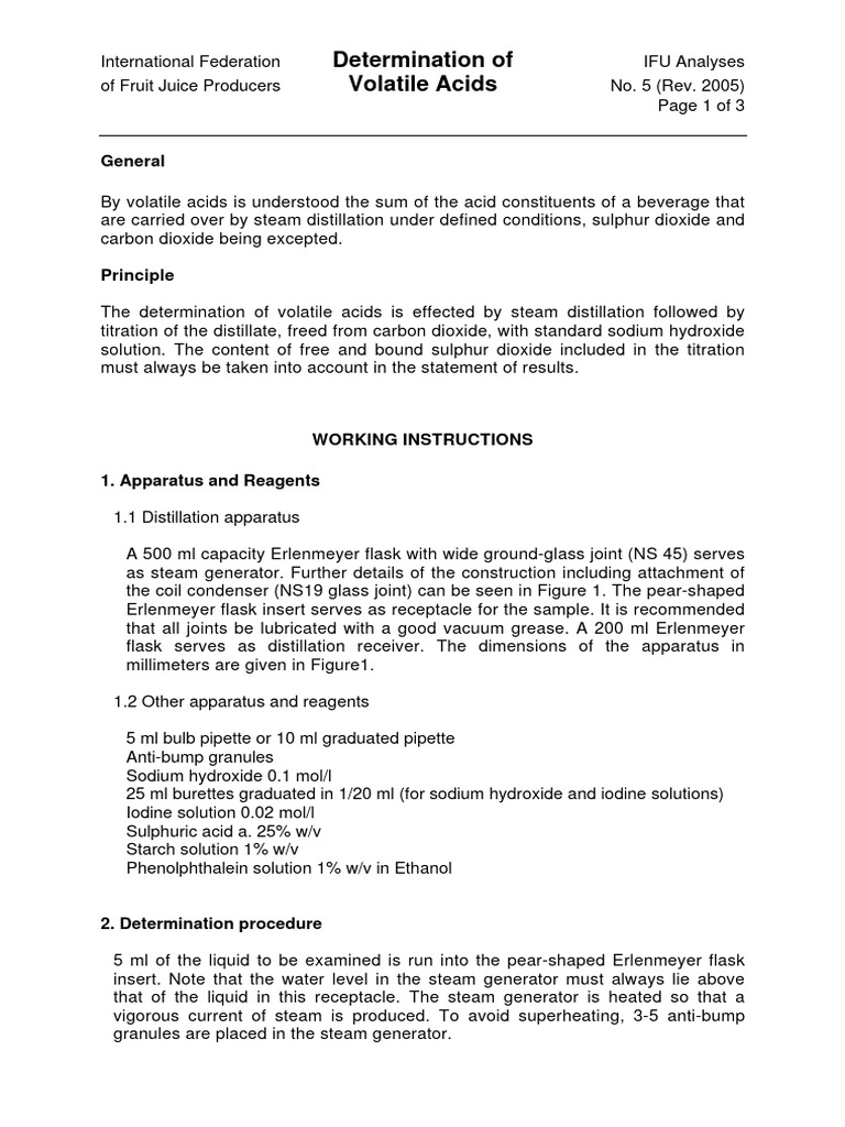 Determination of Volatile Acids - IFU Analyses | PDF | Titration | Chemistry