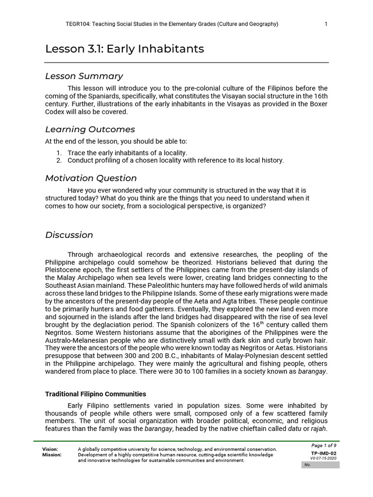Lesson 3.1 Early Inhabitants | PDF | Philippines