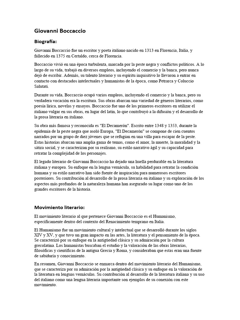 Giovanni Boccaccio: Vida y Obras | PDF | Giovanni Boccaccio | El decameron