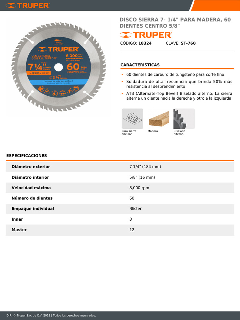 Disco Sierra 7-1/4" para Madera 60 Dientes | PDF