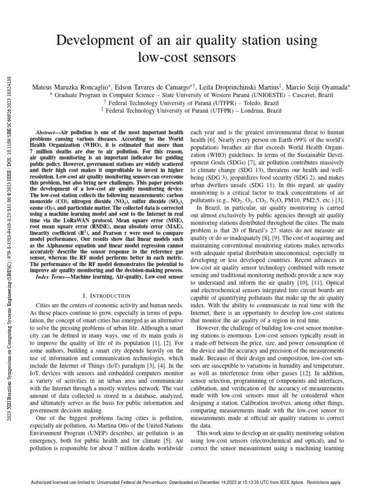 Development Of An Air Quality Station Using Low Cost Sensors Pdf Mean Squared Error Air