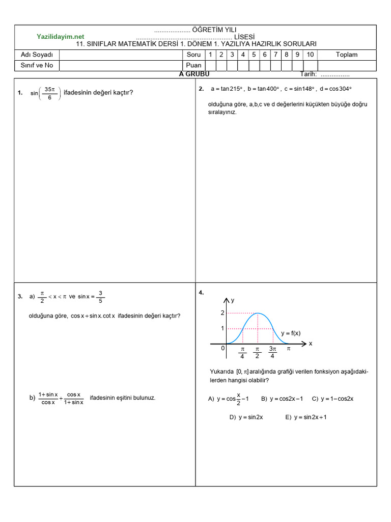 Sinif Matematik 1. Donem 1. Yaziliya Hazirlik Sorulari 1 | PDF