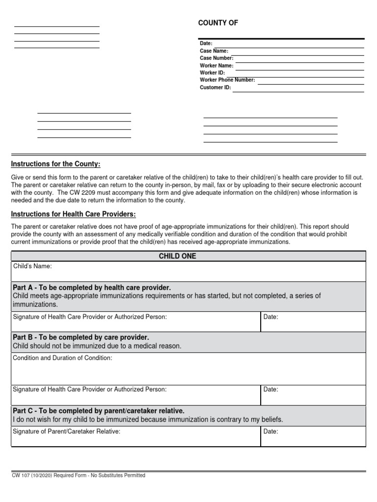 CW 107 Immunization Verification Form | PDF | Law