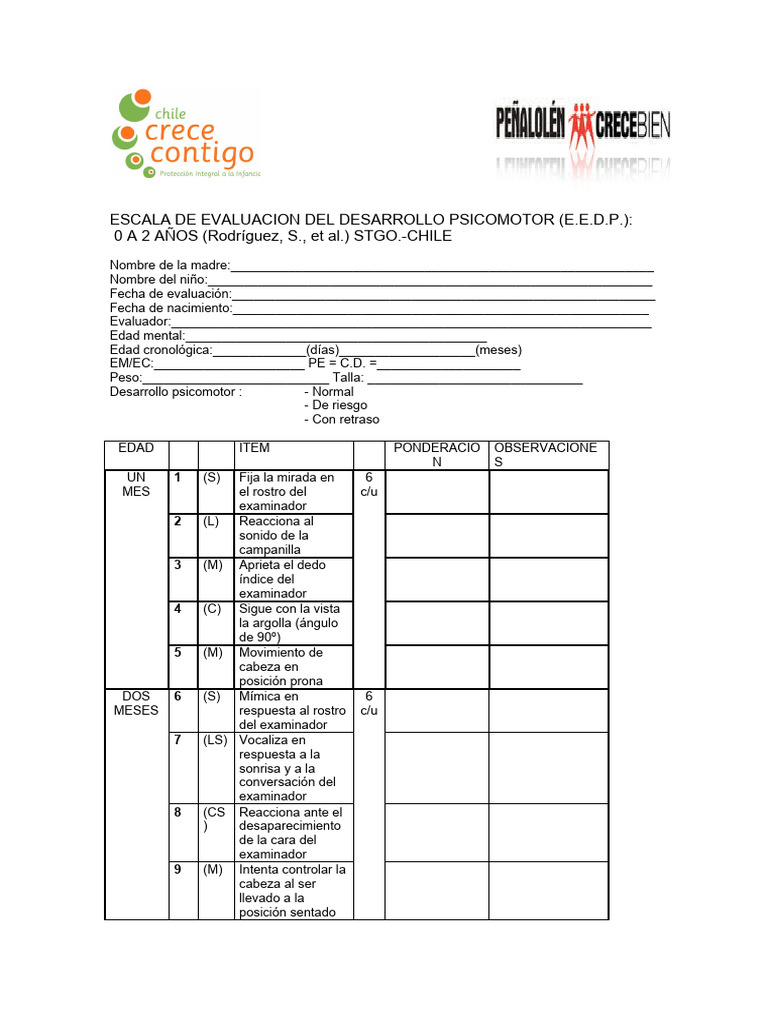 ESCALA DE EVALUACION DEL DESARROLLO PSICOMOTOR EEDP Hoja de Registro | PDF
