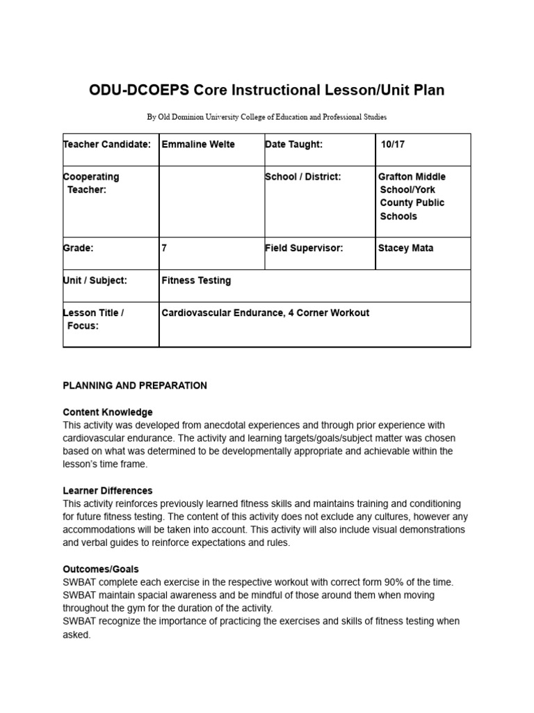 Lesson Plan 4 Corner Workout 1 | PDF | Physical Fitness | Learning