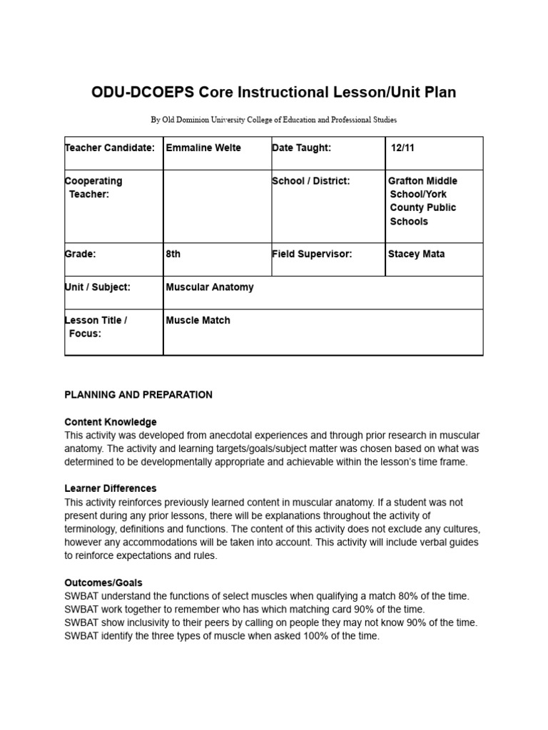 Lesson Plan Health Muscle Match | PDF | Skeletal Muscle | Teachers