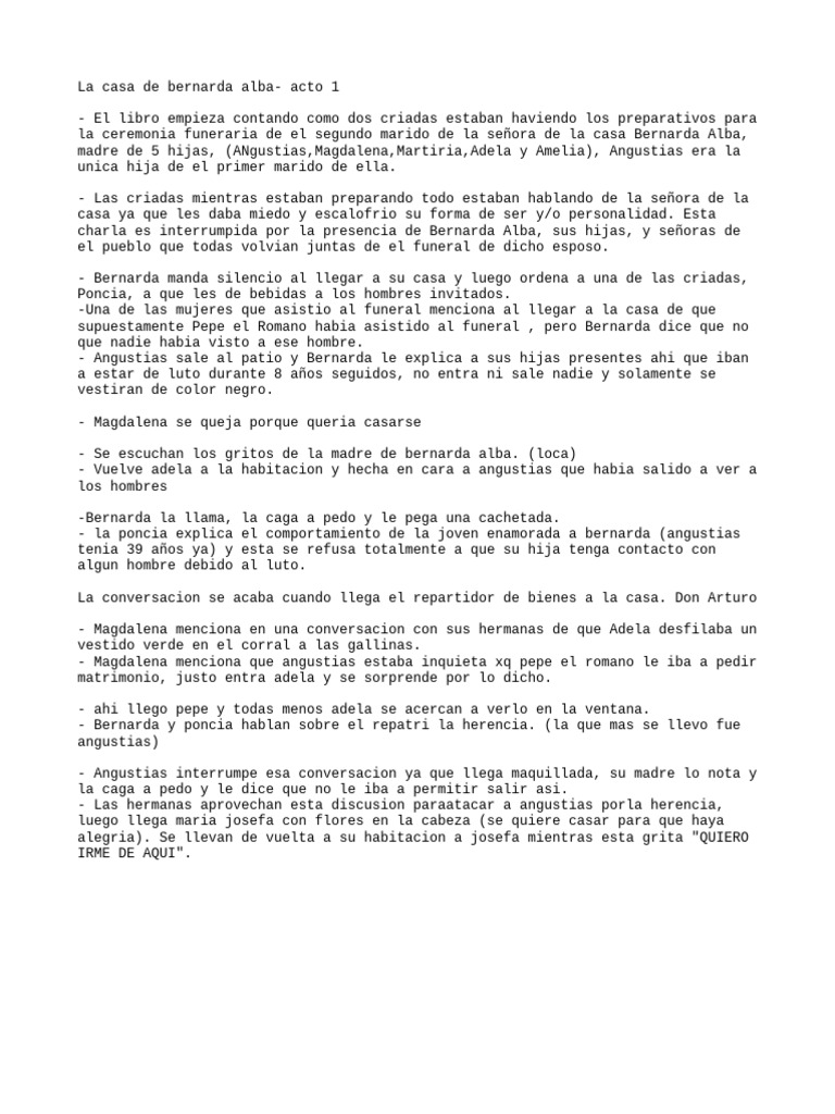 Resumen Acto 1: La Casa de Bernarda Alba | PDF