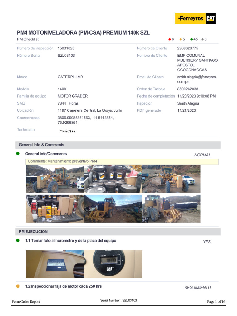 Pm4 Motoniveladora (Pm-Csa) Premium 140K SZL: Número de Inspección Número de Cliente Número ...