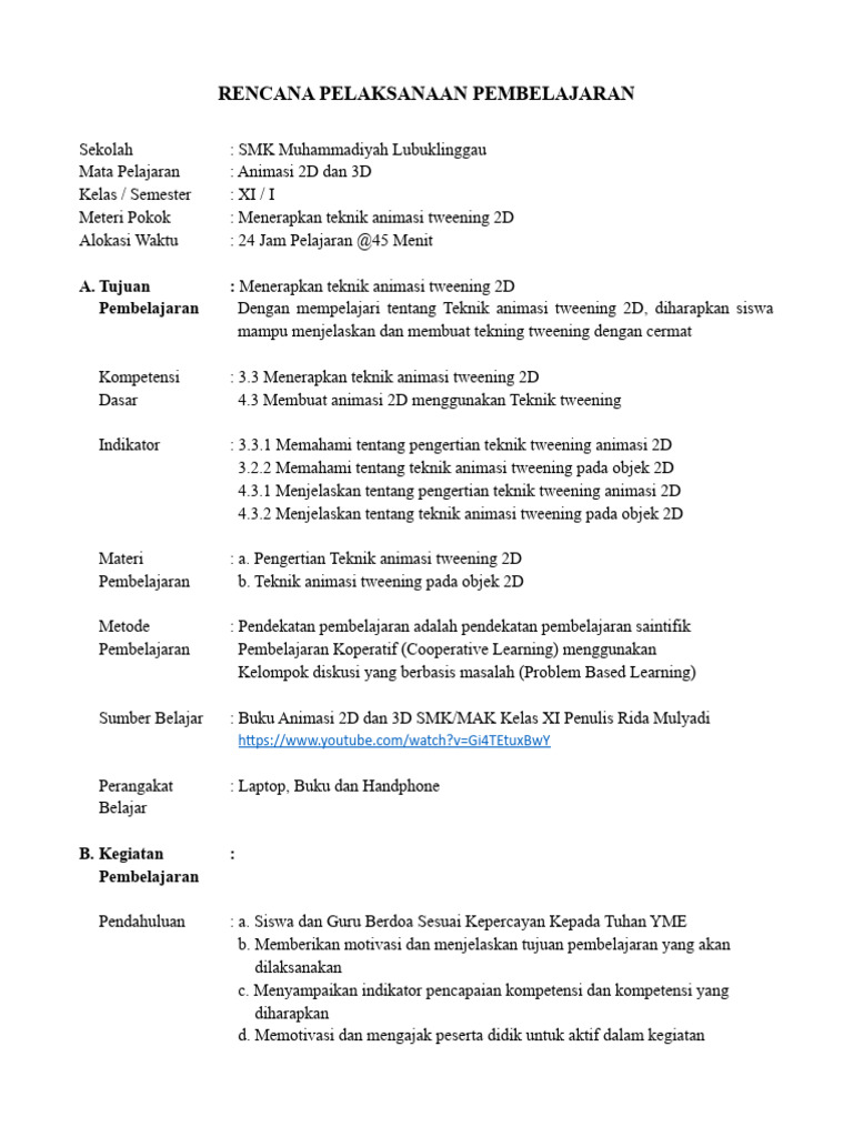 3.RPP Menerapkan Teknik Animasi Tweening 2D | PDF