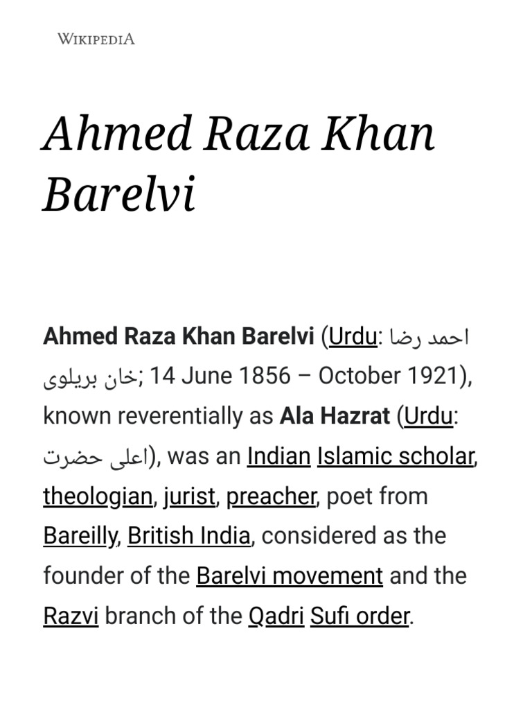 Ahmed Raza Khan Barelvi - Wikipedia | PDF | Sunni Islam | Monotheistic Religions