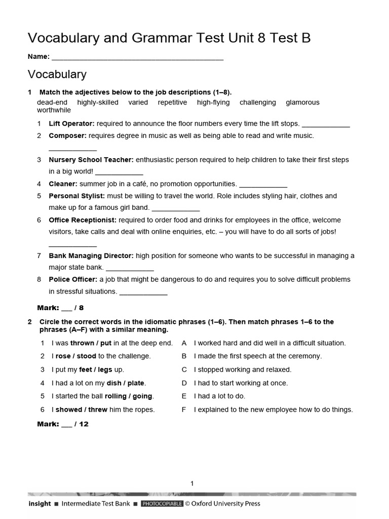 Vocabulary + Grammar Unit 8 Test B | PDF
