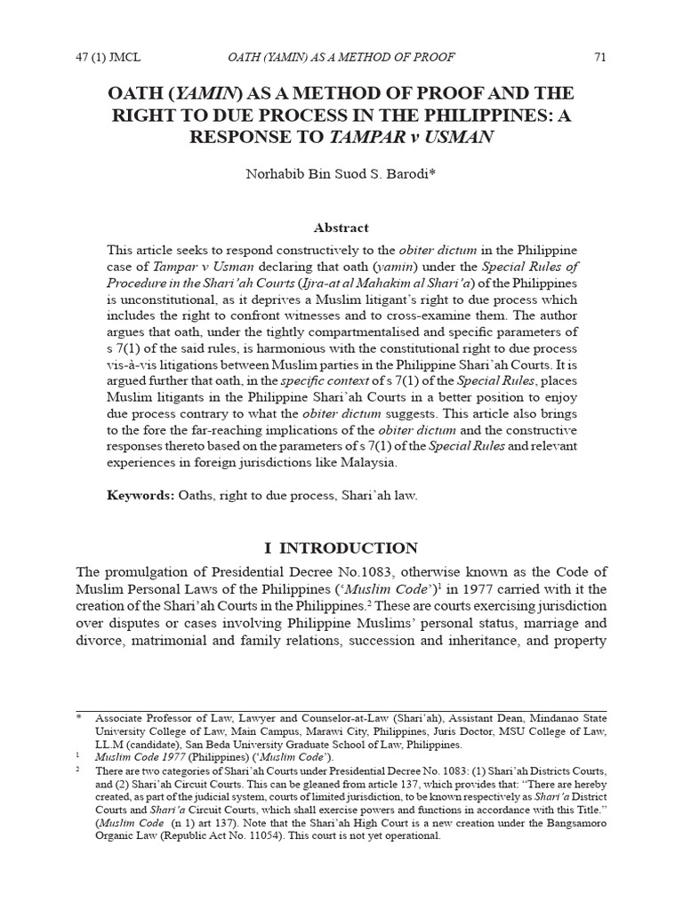 Oath (Yamin) As A Method of Proof and The Right To Due Process in The ...