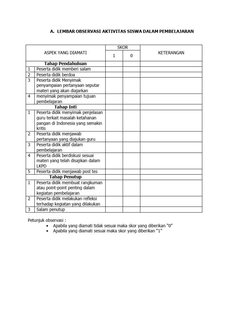 Lembar Observasi Aktivitas Siswa Dalam Pembelajaran | PDF | Sains & Matematika