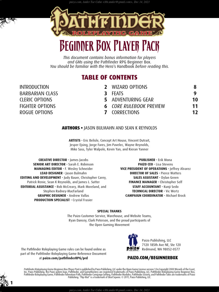 Pathfinder 2e Beginners Box Player's Pack | PDF | Role Playing Games | Wizards Of The Coast Games