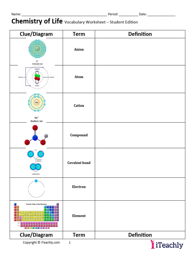 1 4 Vocabulary Worksheet SE Chemistry of Life | PDF | Science & Mathematics