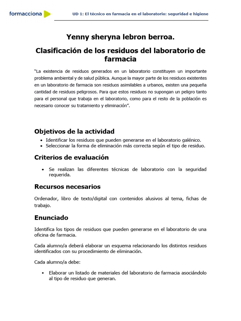 Clasificación de Residuos en Un Laboratorio de Farmacia | PDF | Laboratorios | Residuos