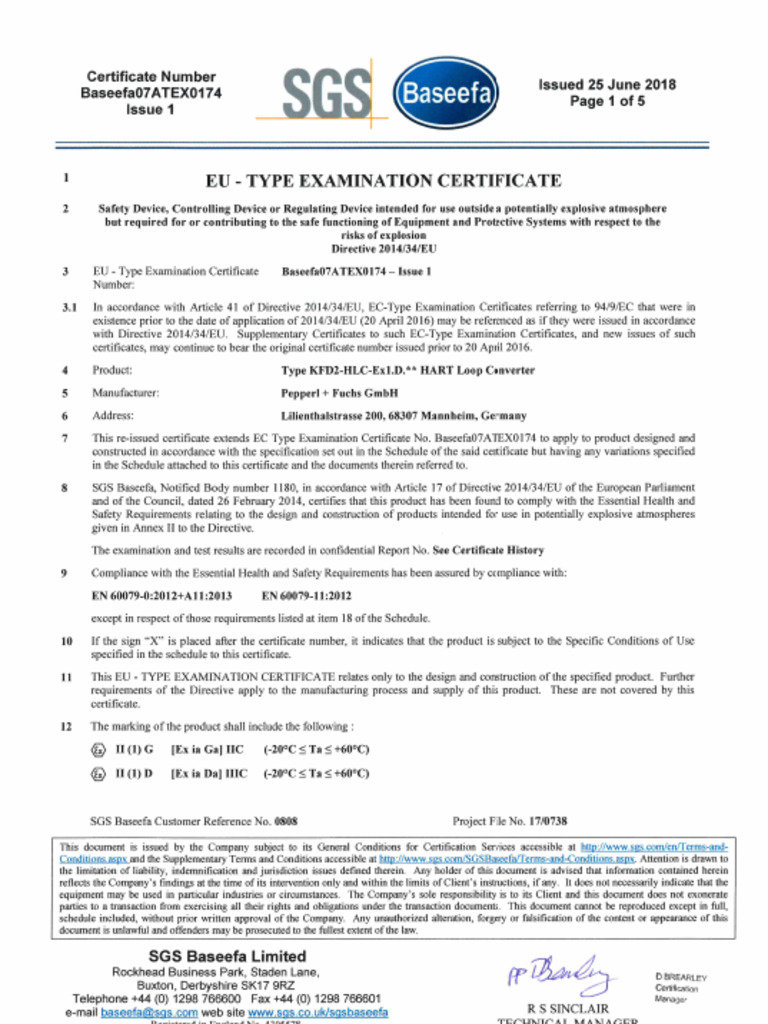 Baseefa 07 ATEX 0174 | PDF