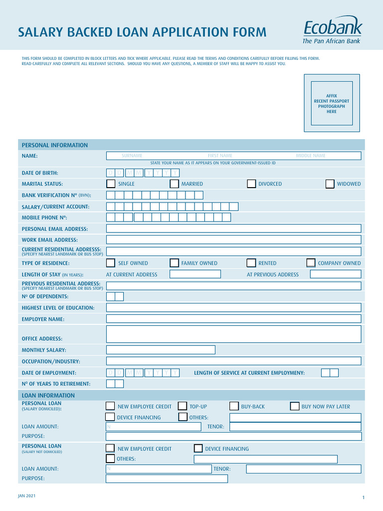 Salary Backed Loan Application Form: Ddmmyyyy | PDF | Banks | Loans