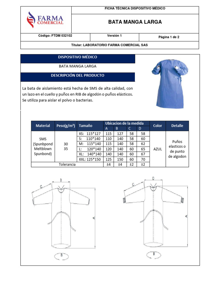 FTDM 032102 Ficha Técnica Bata Manga Larga | PDF