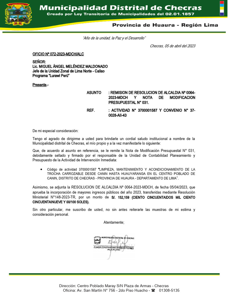 Oficio #072-2023 - Programa Lurawi Peru Trocha Canin | PDF