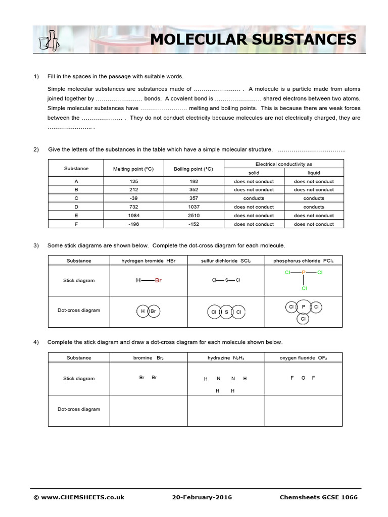 Simple Molecular Substances in GCSE Chemsheets | PDF | Molecules | Chlorine