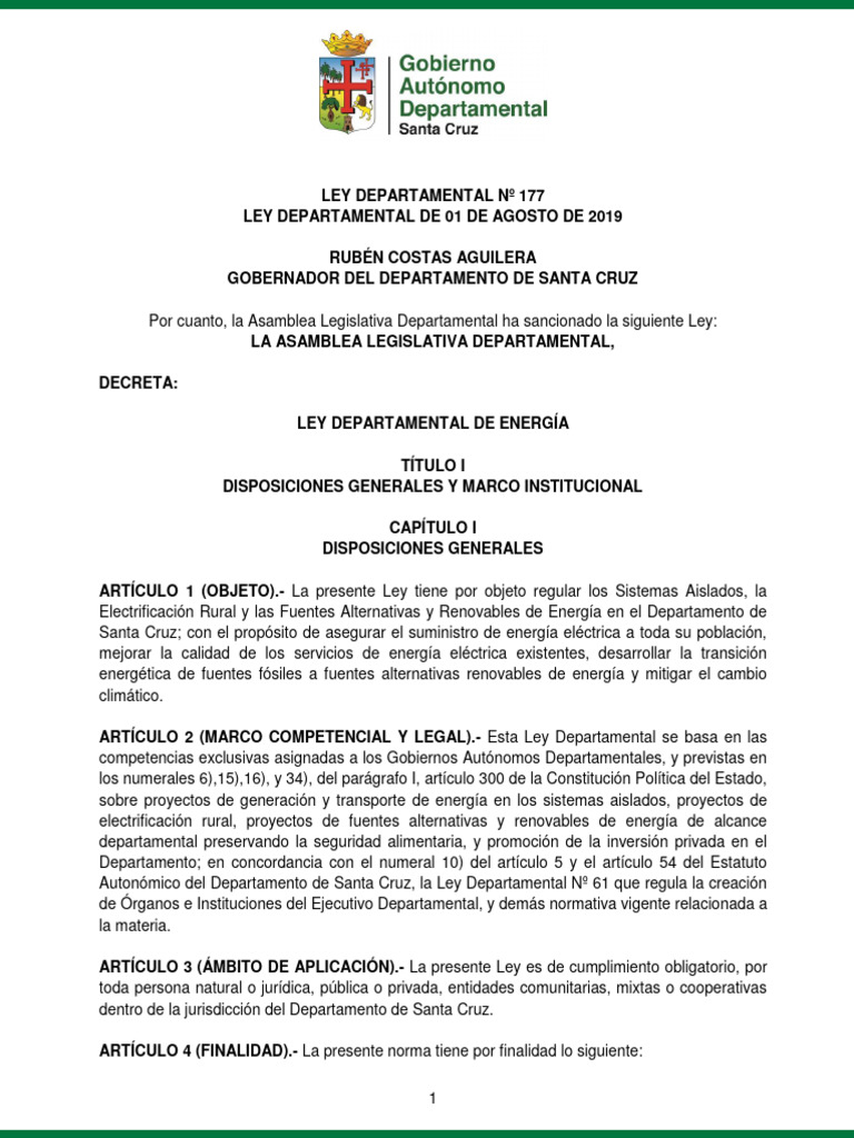 Ley 177 (Ley Departamental de Energia) | PDF | Ingenieria Eléctrica ...