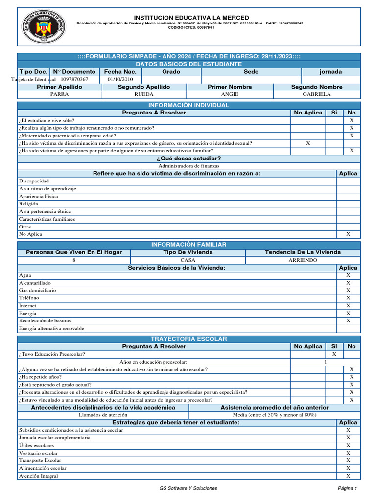 Formulario Simpade Est Angie Parra 2024 | PDF | Educación de la primera infancia