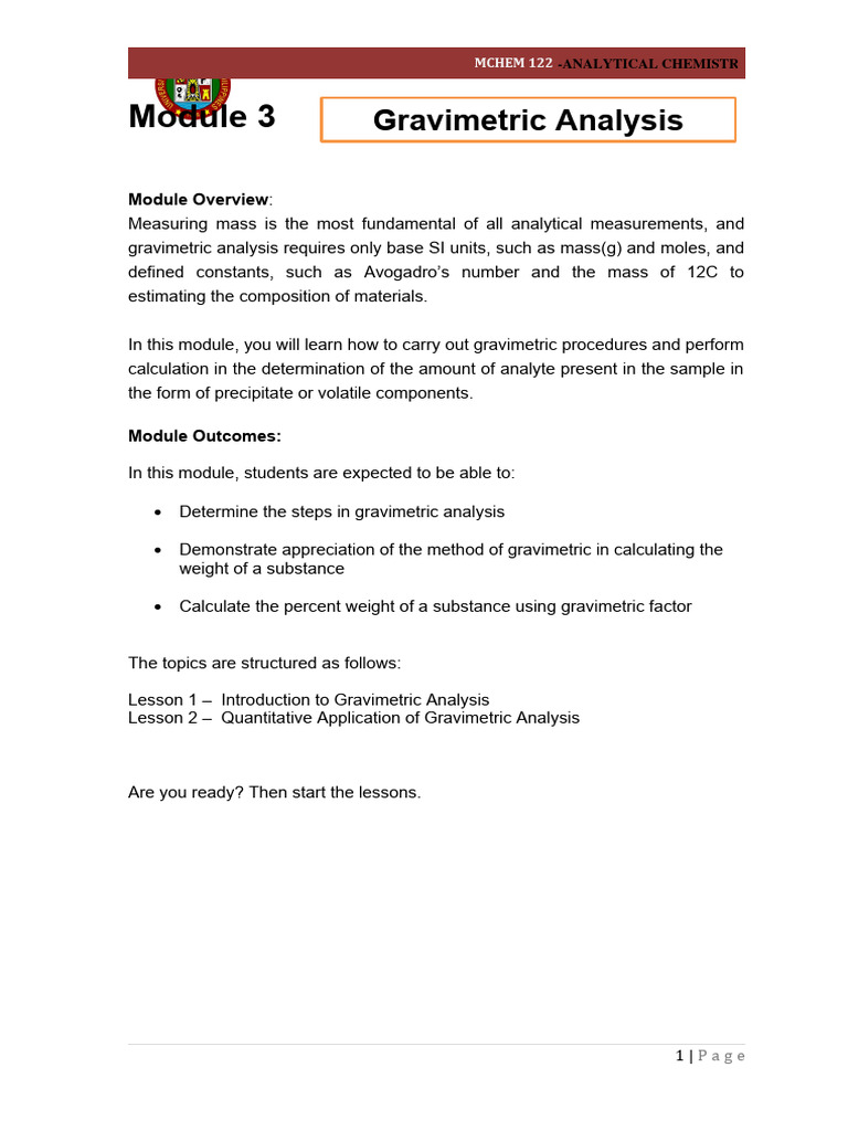 Module3 - Gravimetric Method of Analysis | PDF | Precipitation (Chemistry) | Solubility