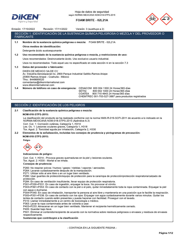 Foam Brite Hoja de Datos de Seguridad | PDF | Naturaleza | Materiales