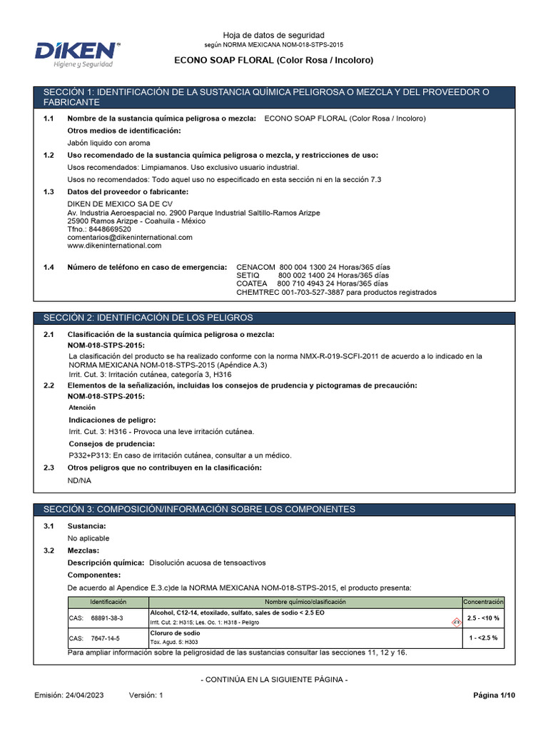 Hoja de Seguridad: Econo Soap Floral | PDF | Toxicidad | Agua