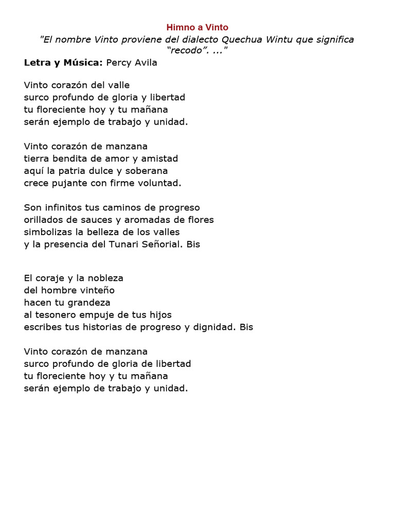 Himno a Vinto LETRA | PDF